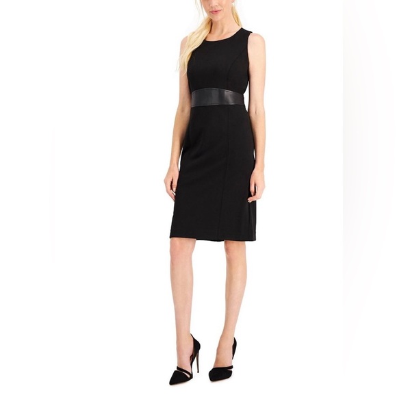 Kasper | Dresses | Kasper Petite Faux Leather Trim Knee Length Sheath ...